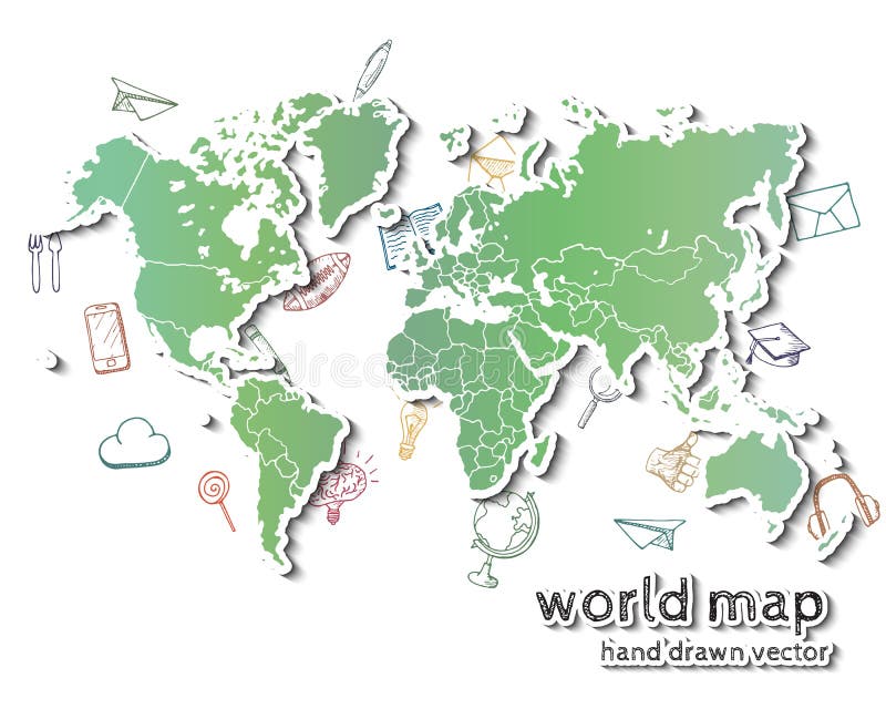 Hand Drawn Realistic World Map. Stock Vector - Illustration of asia ...