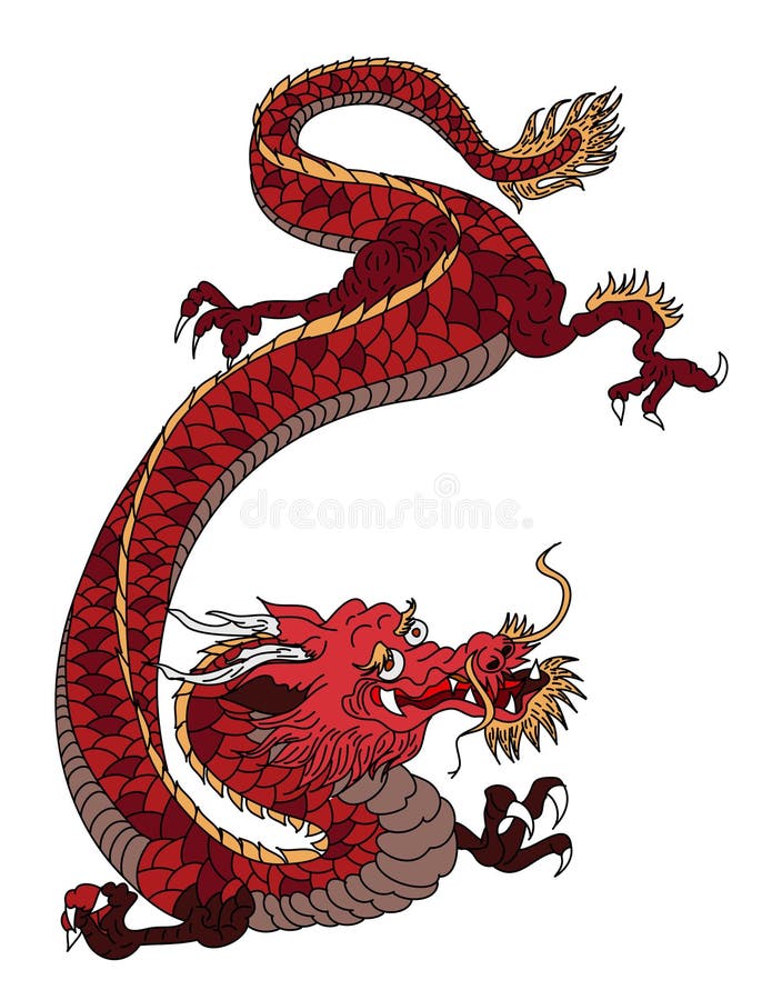 Hand Drawn Red Dragon Japanese Tattoo Style On White Background Stock