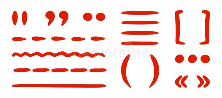 Hand Drawn Red Punctuation Marks and Lines Set. Includes Quotation ...