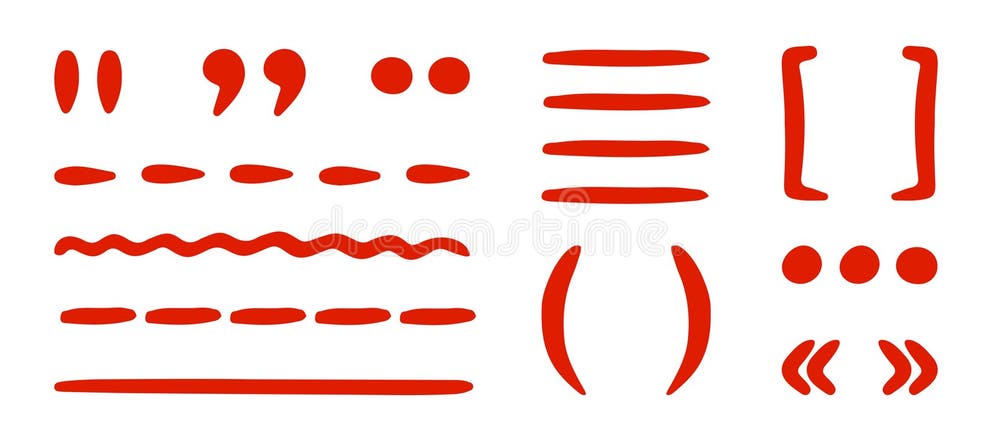 Hand Drawn Red Punctuation Marks and Lines Set. Includes Quotation ...