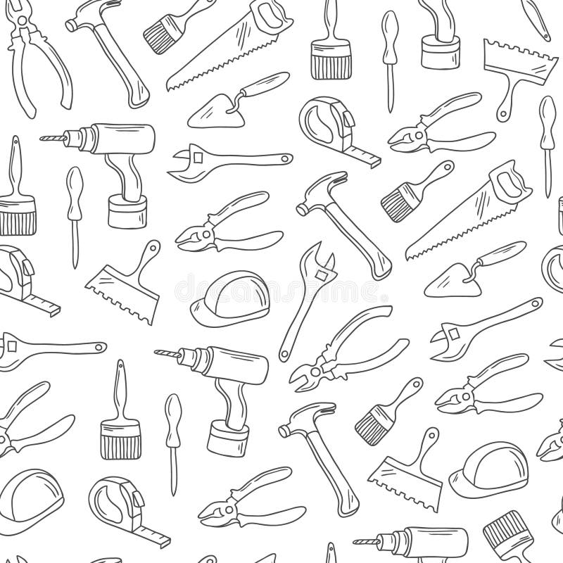 Hand Drawn Repair Tools Seamless Pattern. Stock Illustration ...
