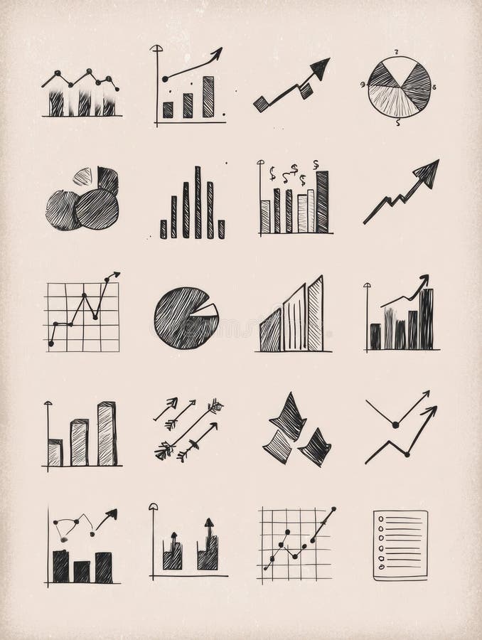 Collection of Hand-Drawn Business Graphs and Charts Illustrating Various Data Analysis ...