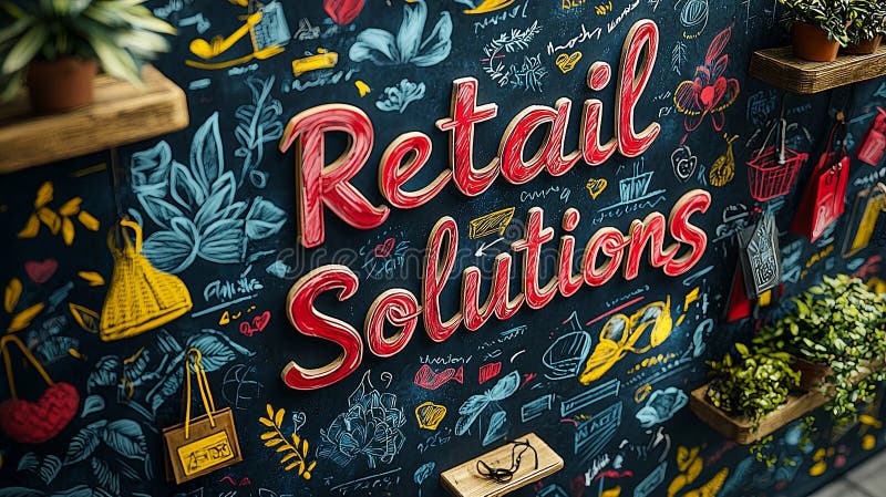 Hand-drawn Retail Solutions Lettering with Colorful Illustrations Stock ...