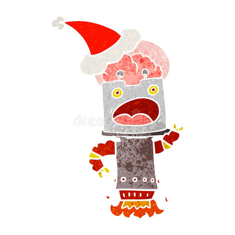 Hand Drawn Retro Cartoon of a Robot Wearing Santa Hat Stock Vector ...