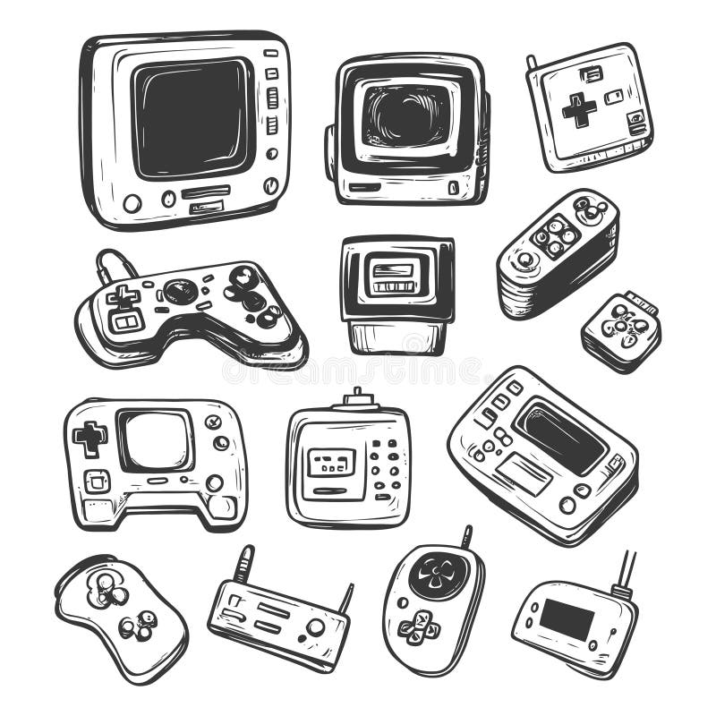 Collection of Retro Video Game Consoles and Controllers, Hand-Drawn ...