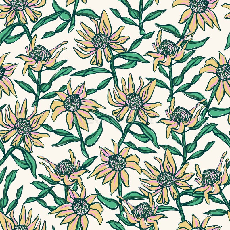 Hand-drawn Retro Sunflower Illustration Seamless Repeat Pattern Stock ...