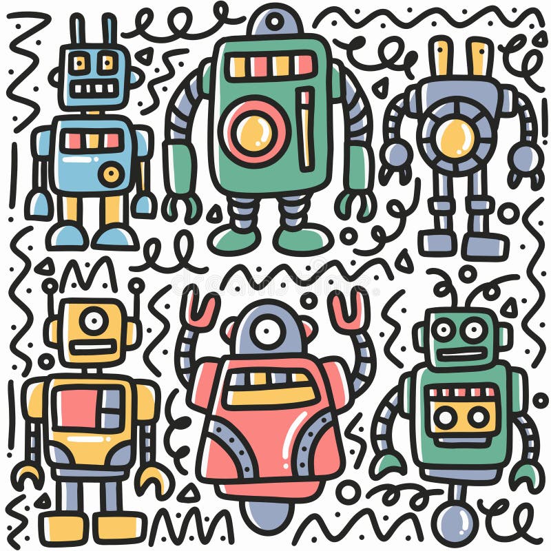 Hand Drawn Robot Doodle Set Stock Vector - Illustration of lineart ...