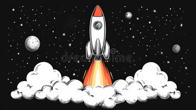 Hand Drawn Rocket Launch Concept in Space with Stars and Planets for ...