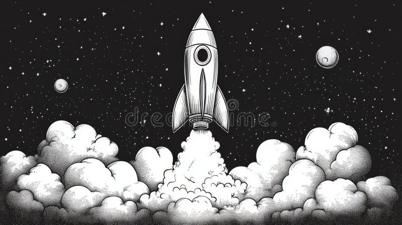 Hand Drawn Rocket Launch in Starry Sky for Space Exploration and ...