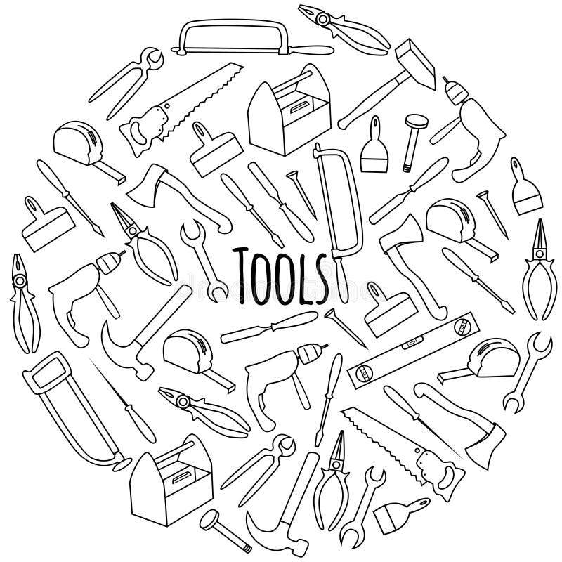Hand Drawn Round Set with Tools Stock Illustration - Illustration of ...
