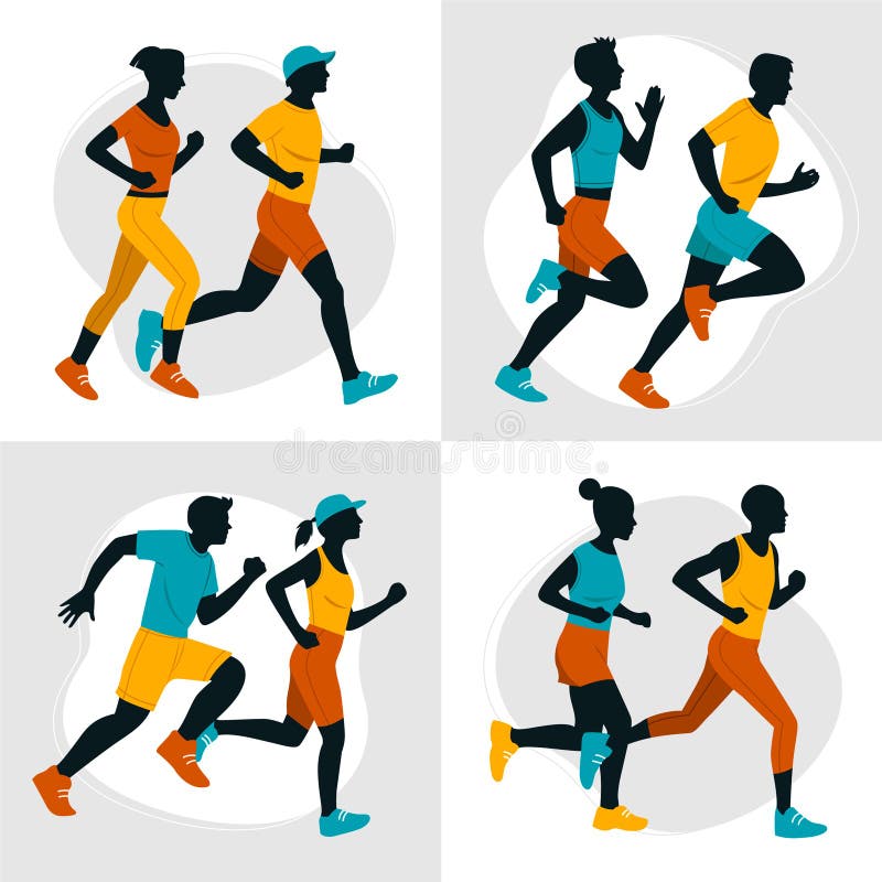 Hand Drawn Runner Silhouette Composition Set Stock Illustration ...