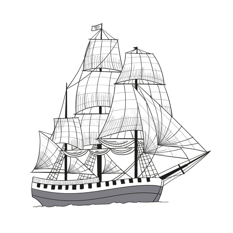 Hand Drawn Sailing Ship stock illustration. Illustration of ocean ...