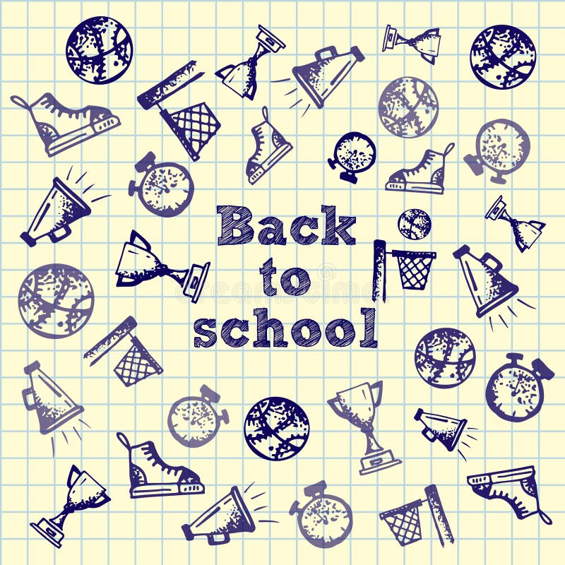 Hand Drawn School Icons and Symbols on Notebook Page. with Text Back To ...