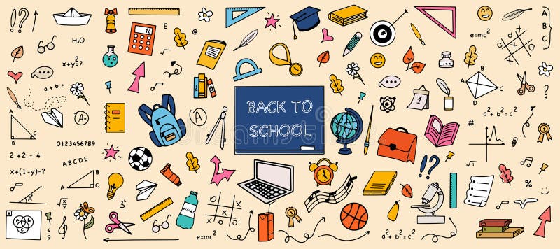 Hand Drawn School Supplies. Back To School Doodle Large Set of Elements ...
