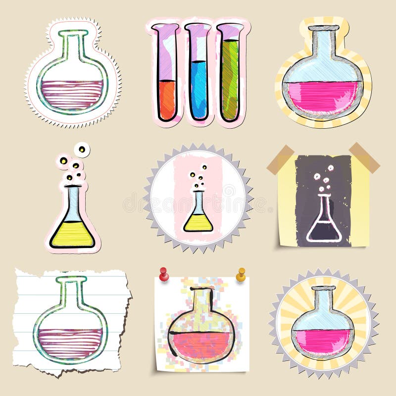 Hand Drawn Science and Laboratory Emblems Set Stock Illustration ...