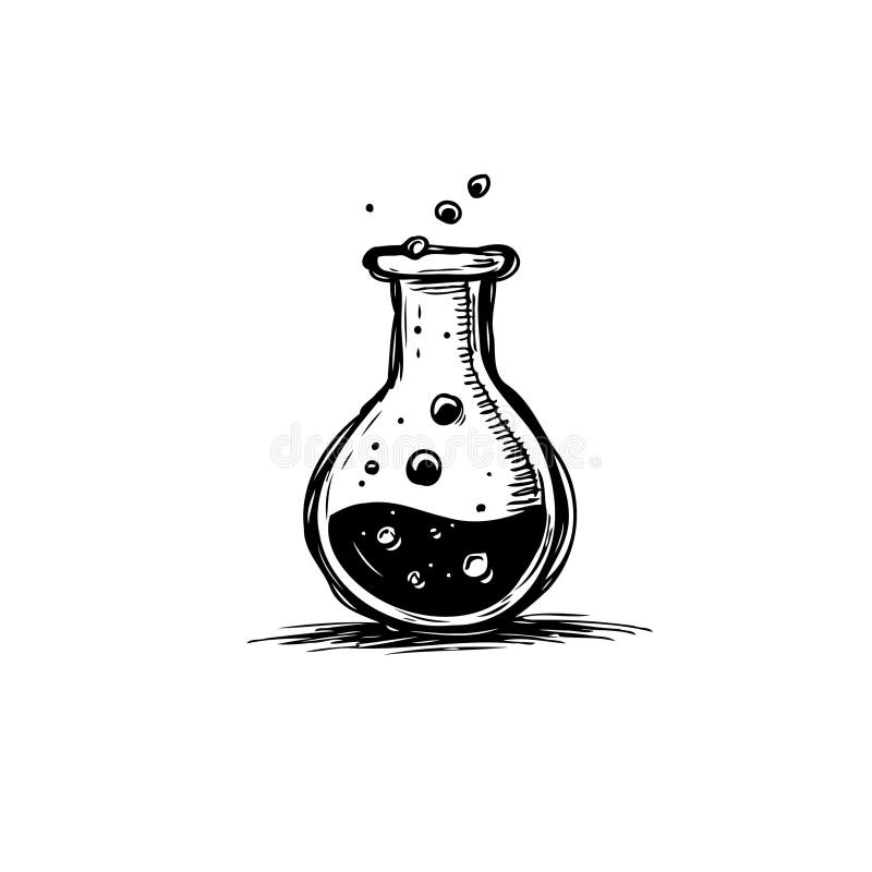 Hand-Drawn Scientific Erlenmeyer Flask with Liquid and Bubbles ...
