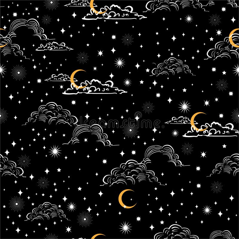 Hand Drawn Scratch Style Night Sky With Moon Stars And Cloud Space