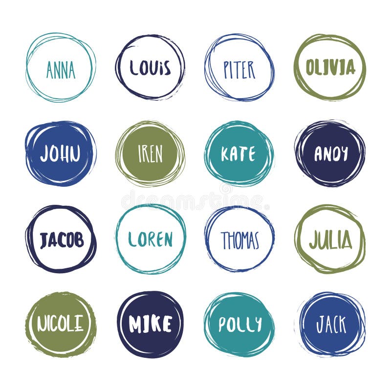 16 Hand Drawn Scribble Colorful Circles With Names Vector Set Stock ...