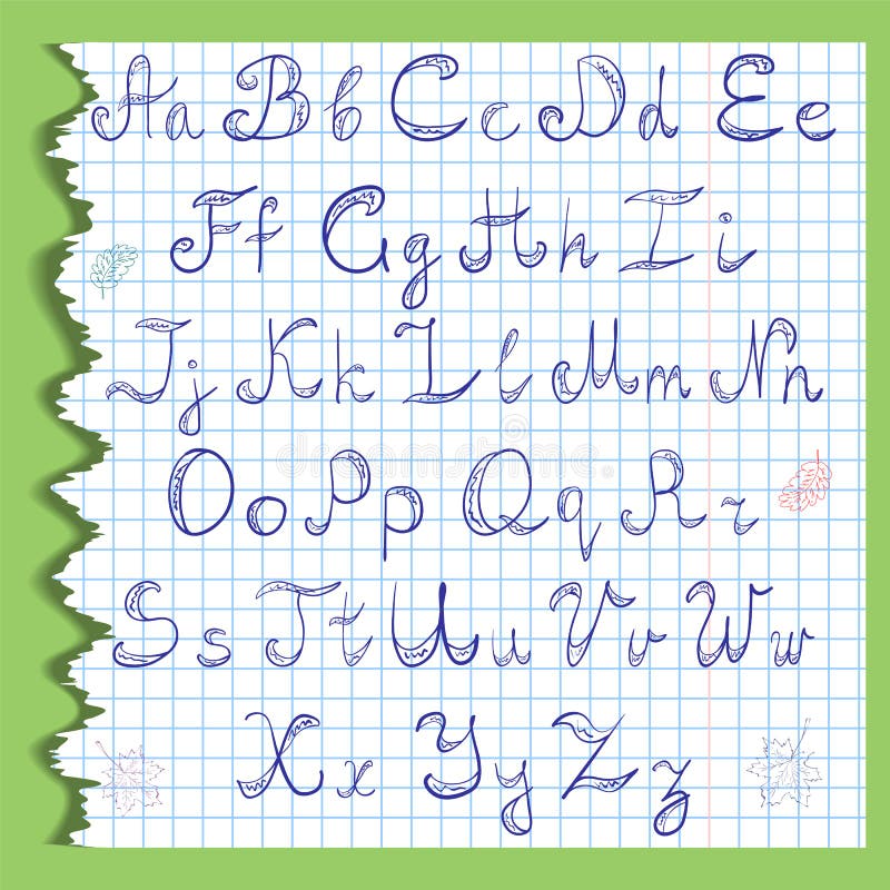 Hand Drawn Scribble Font and Leaves on a Sheet of Copybook in a Cage ...