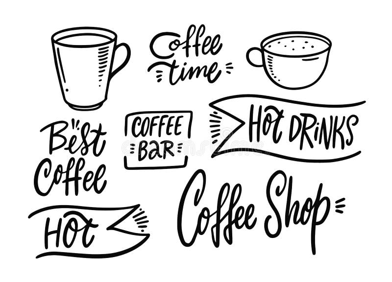 Hand Drawn Script Calligraphy Coffee Quotes Set. Vintage Style Coffee ...
