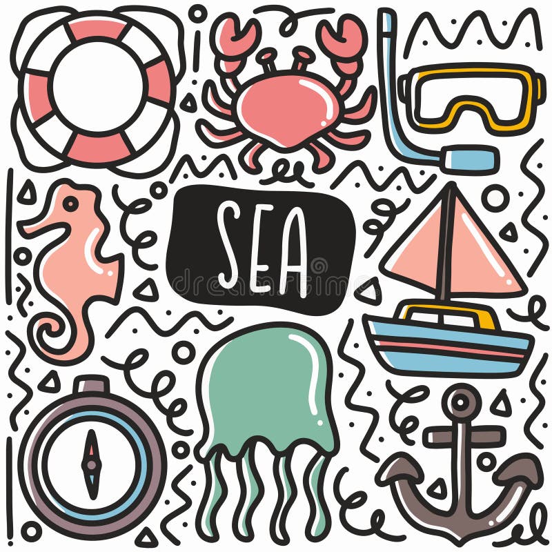Hand drawn sea doodle set stock vector. Illustration of clipart - 216243345