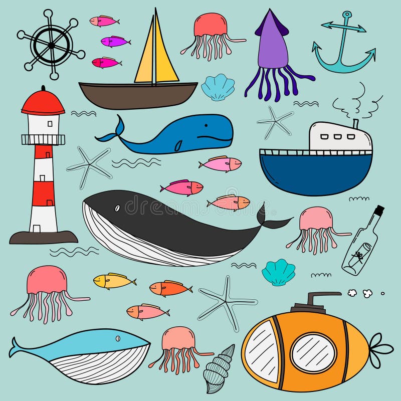 Hand Drawn Sea Doodles Set. Stock Vector - Illustration of elements ...