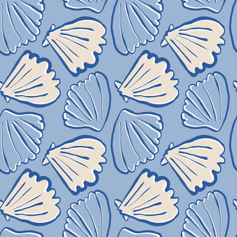 Hand Drawn Sea Shells Scallops Blue Beige Seamless Pattern in Doodle ...