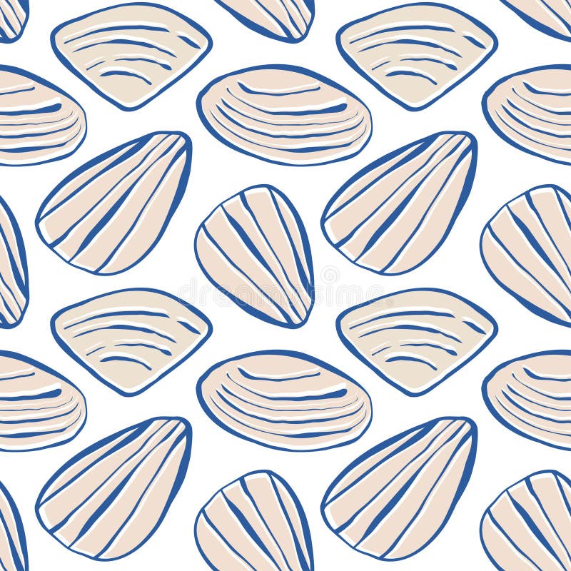 Hand Drawn Sea Shells Scallops Blue Beige Seamless Pattern in Doodle ...
