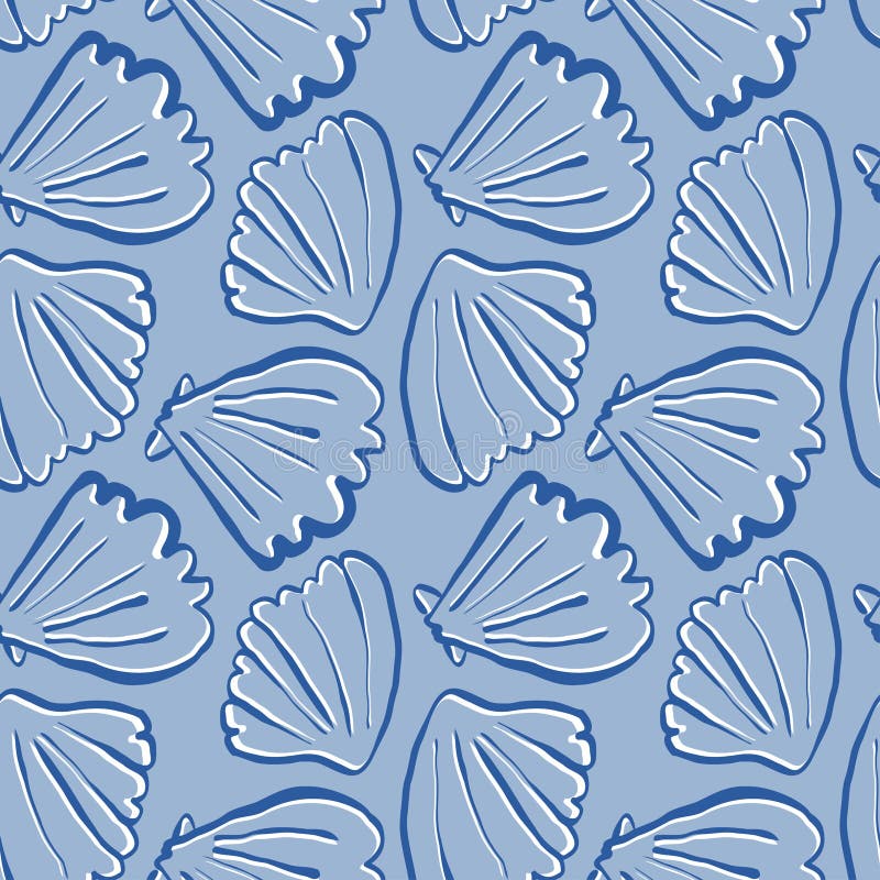 Hand Drawn Sea Shells Scallops Blue Seamless Pattern in Doodle Sketchy ...