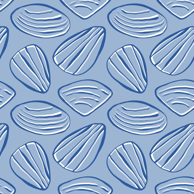 Hand Drawn Sea Shells Scallops Blue Seamless Pattern in Doodle Sketchy ...