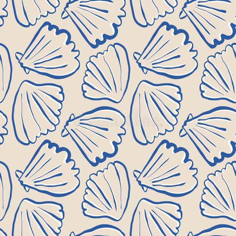 Hand Drawn Sea Shells Scallops Blue Seamless Pattern in Doodle Sketchy ...