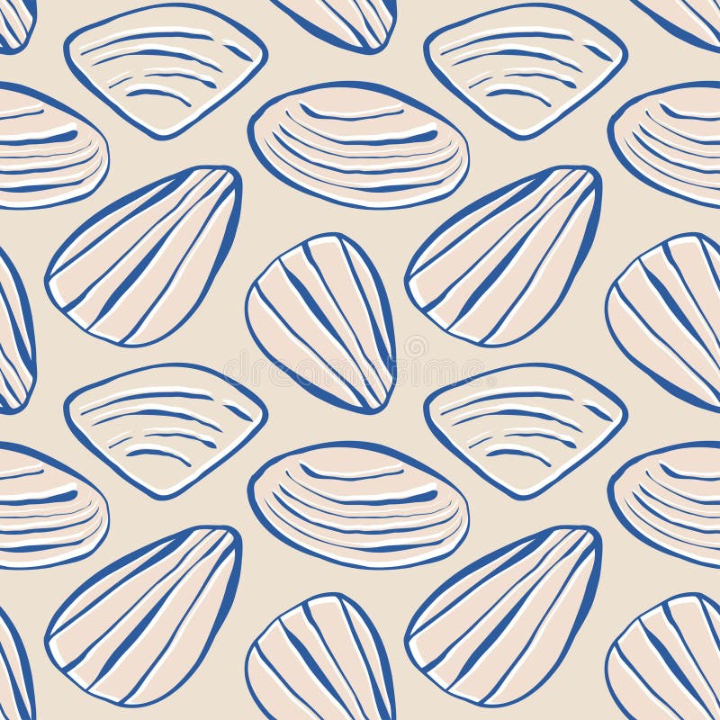 Hand Drawn Sea Shells Scallops Blue Seamless Pattern in Doodle Sketchy ...