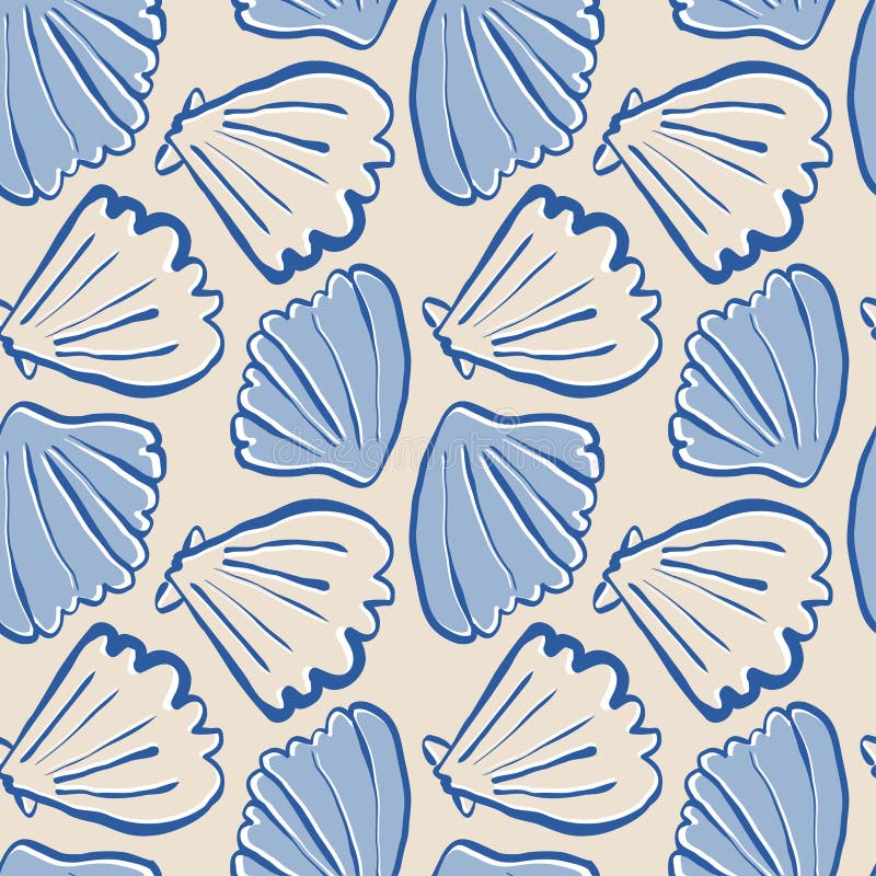 Hand Drawn Sea Shells Scallops Blue Seamless Pattern in Doodle Sketchy ...