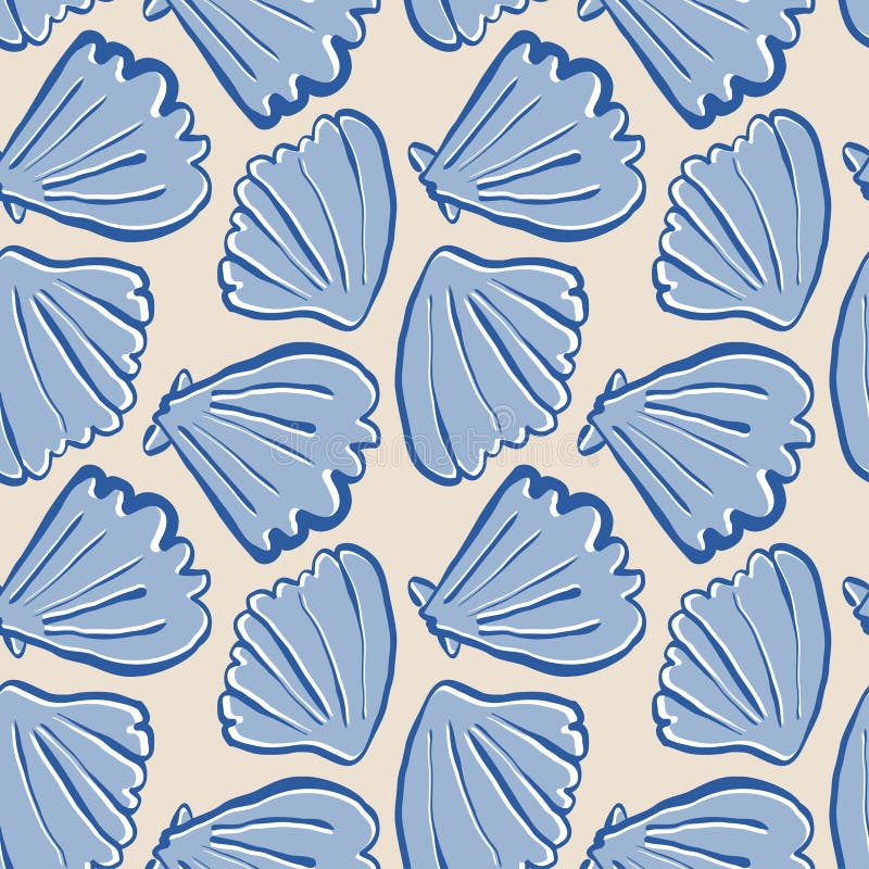 Hand Drawn Sea Shells Scallops Blue Seamless Pattern in Doodle Sketchy ...