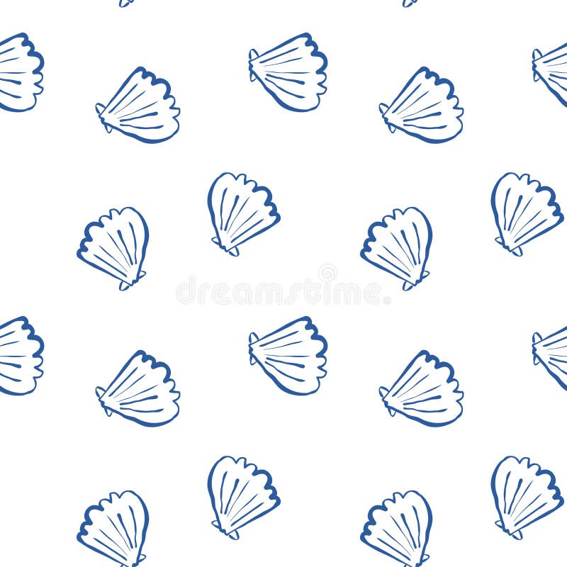 Hand Drawn Sea Shells Scallops Blue Seamless Pattern in Doodle Sketchy ...