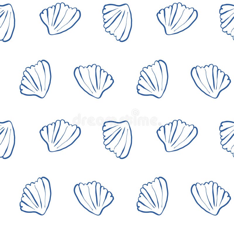 Hand Drawn Sea Shells Scallops Blue Seamless Pattern in Doodle Sketchy ...