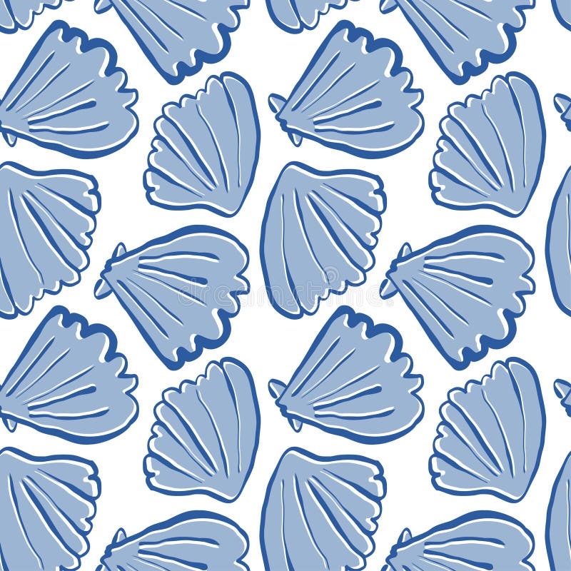 Hand Drawn Sea Shells Scallops Blue Seamless Pattern in Doodle Sketchy ...
