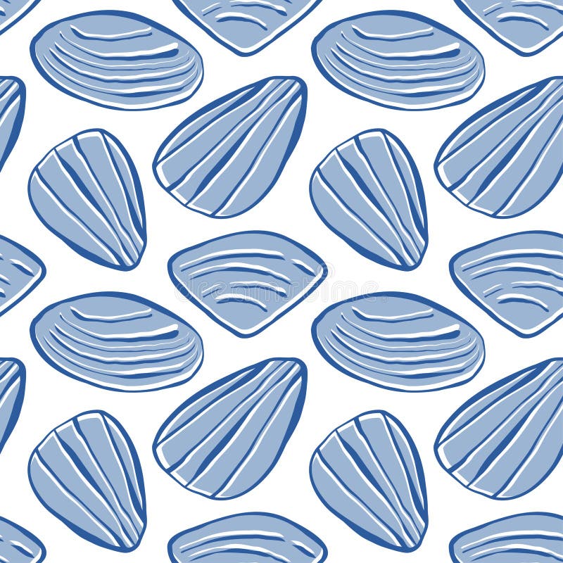 Hand Drawn Sea Shells Scallops Blue Seamless Pattern in Doodle Sketchy ...