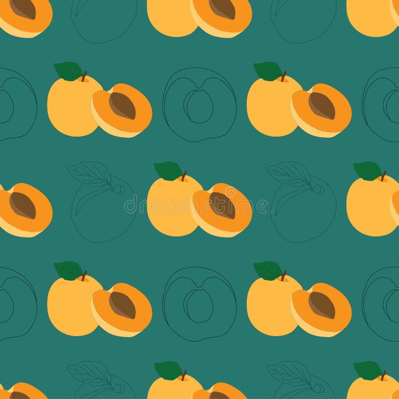 Hand Drawn Seamless Apricot Fruit and Sliced Pattern on Turquoise ...
