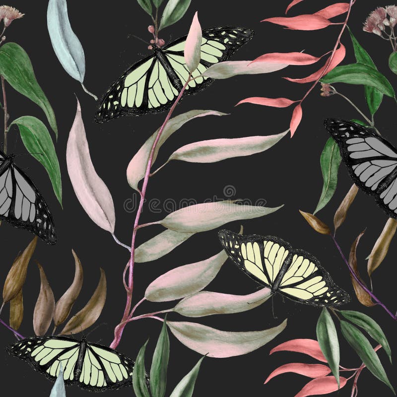 Hand Drawn Seamless Botanical Pattern with Butterflies Stock ...