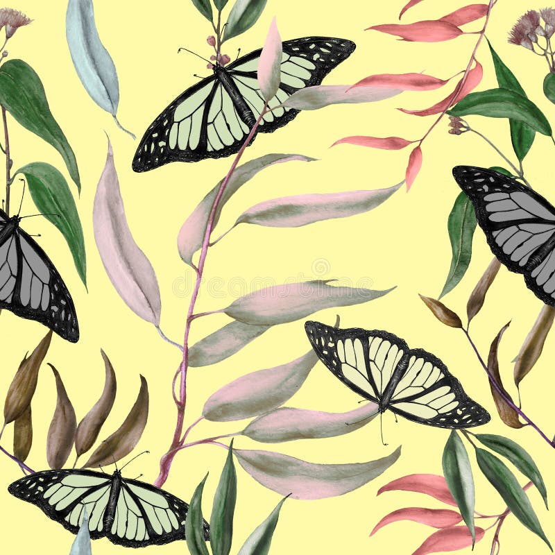 Hand Drawn Seamless Botanical Pattern with Butterflies Stock ...