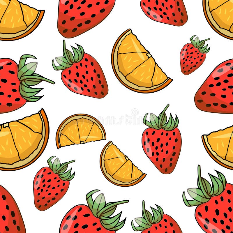 Hand Drawn Seamless Colored Orange and Strawberry Pattern Stock ...