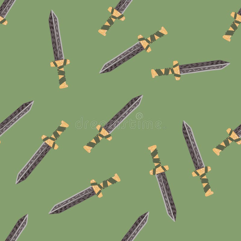 Hand Drawn Seamless Doodle Pattern with Sword Simple Silhouettes. Green ...