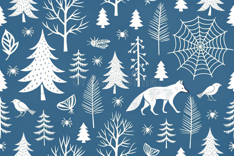 Hand-Drawn Forest Pattern - Fox, Spider, and Bird Design on Blue (EPS ...