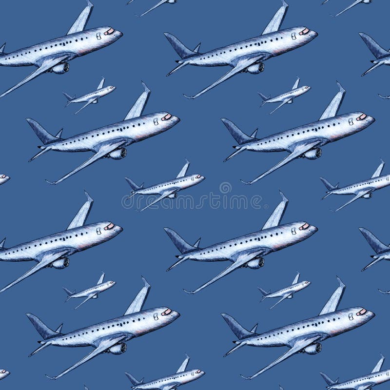 Hand Drawn Seamless Pattern of Airplane in Flight in Color Pencils ...