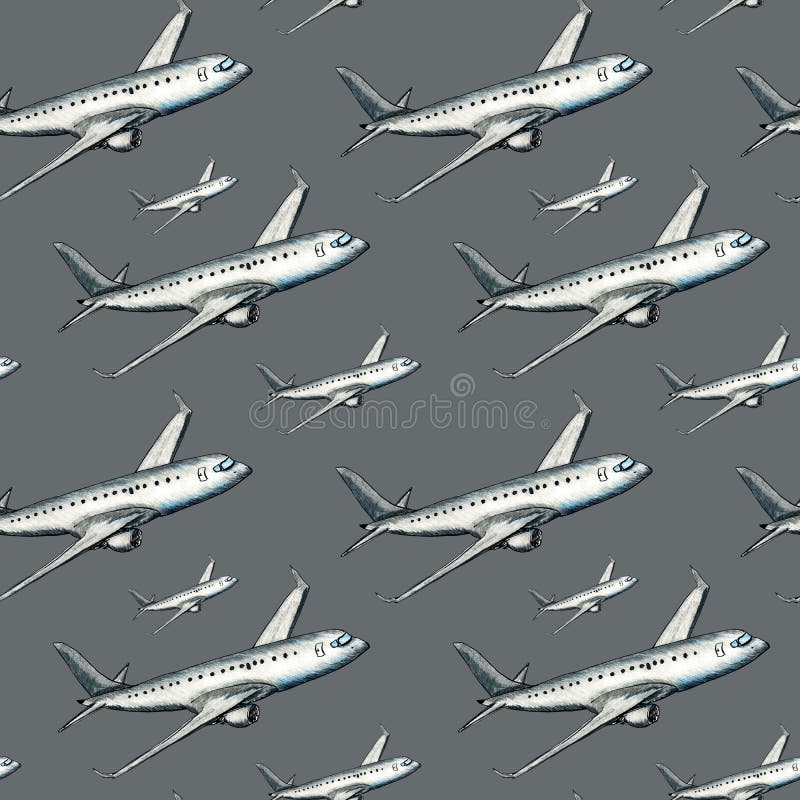 Hand Drawn Seamless Pattern of Airplane in Flight in Color Pencils ...