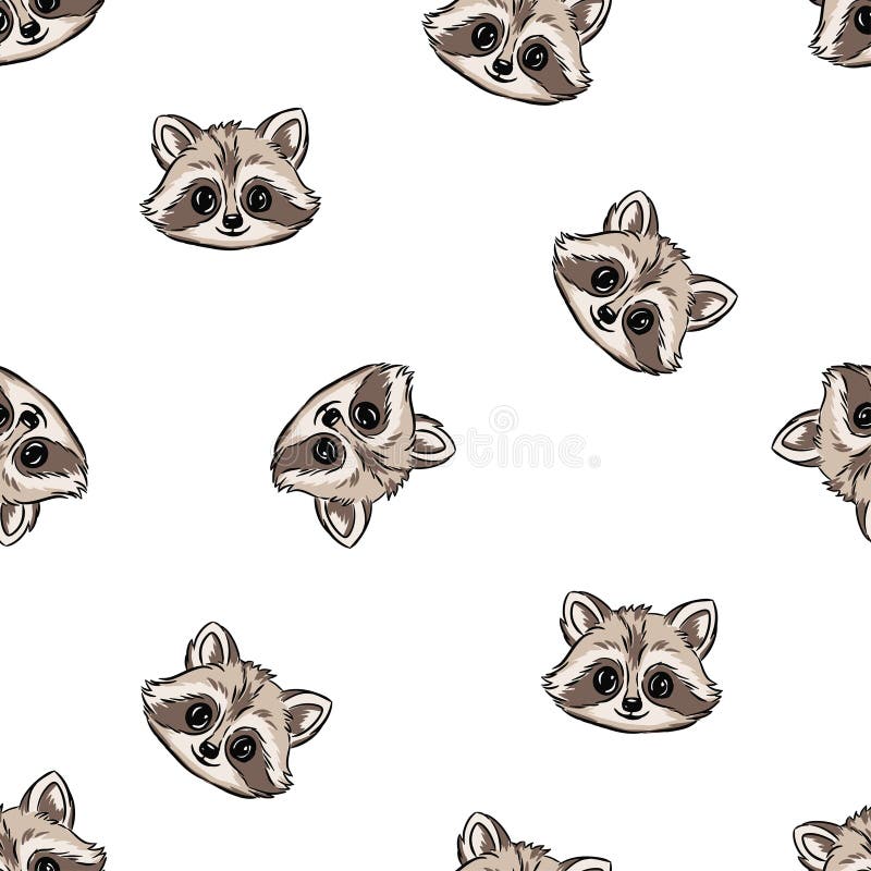 Hand Drawn Seamless Pattern Background with Cute Animal Raccoon Stock ...