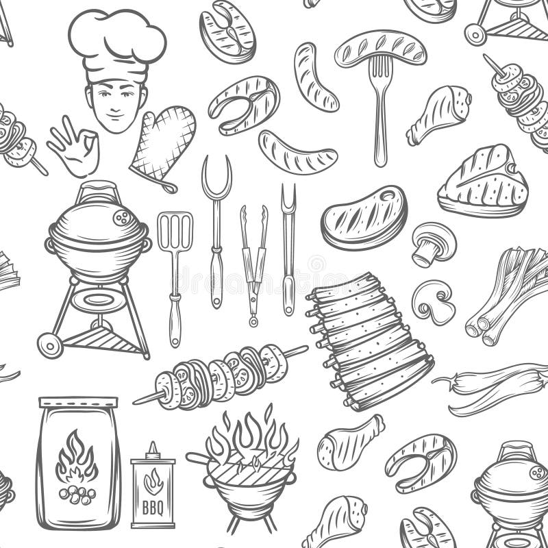 Pattern with Barbecue Food on Craft Paper. Grill Hand Drawn Meat ...
