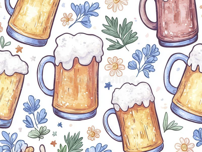 Hand Drawn Seamless Pattern of Beer Mugs and Flowers. Perfect for ...
