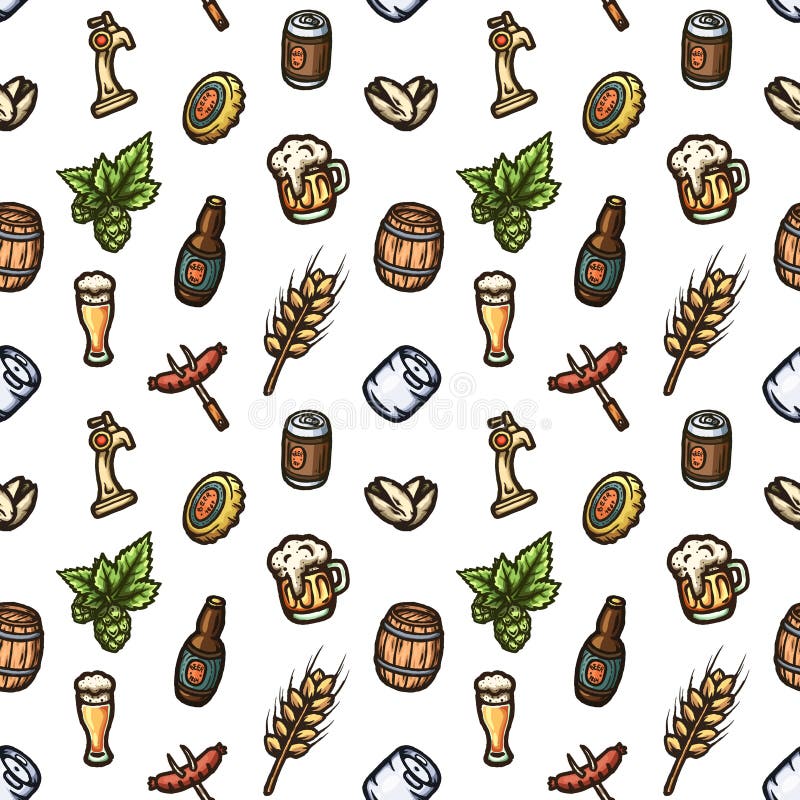 Hand Drawn Seamless Pattern on a Beer Theme. Stock Vector ...